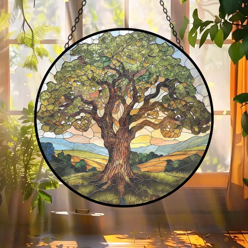Majestic Oak Tree, Stained Glass Sun Catcher, Home Decor, Vibrant Green ...