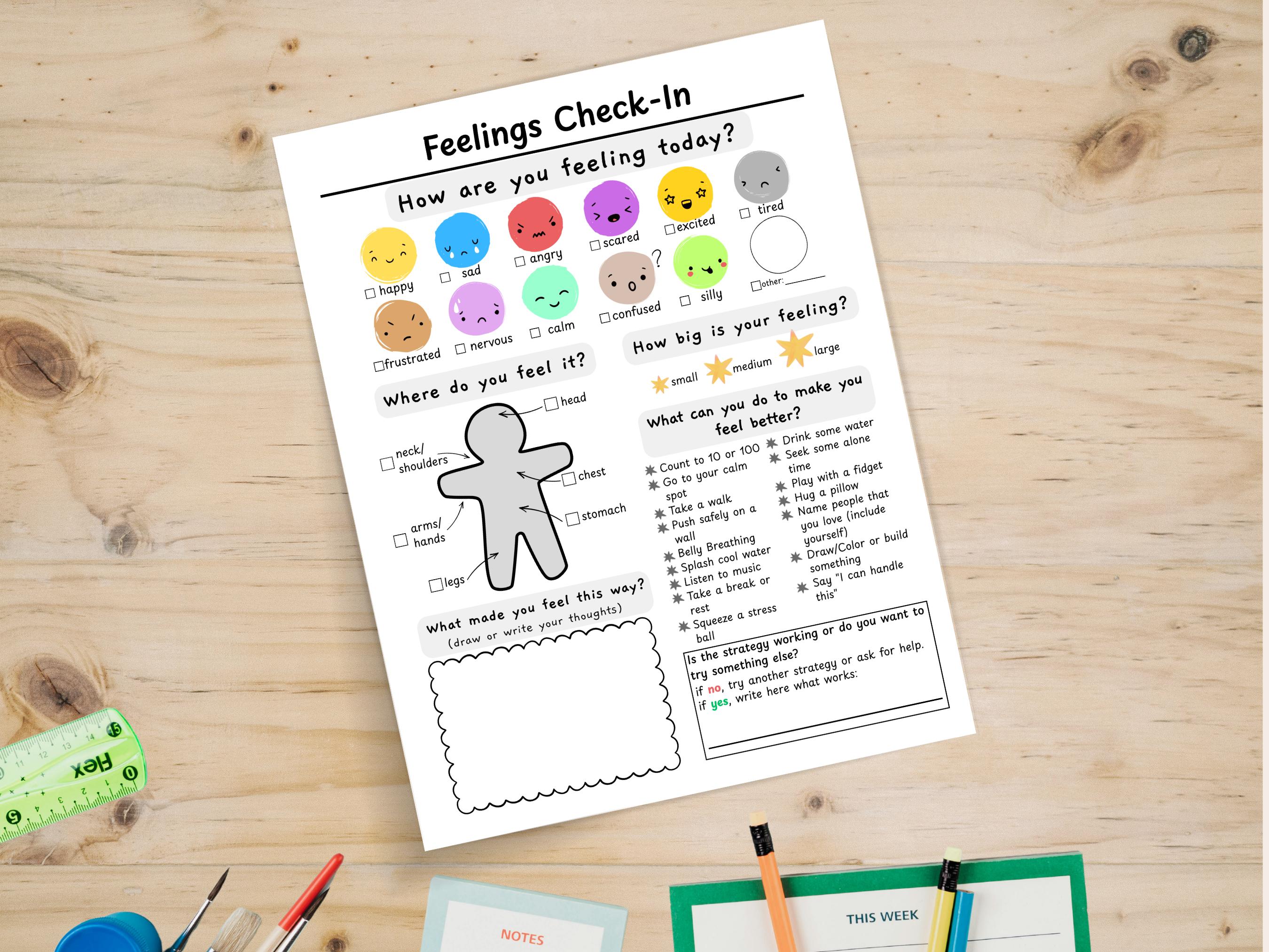 Feelings Check-in Worksheet Printable Emotion Chart for Kids Sensory ...