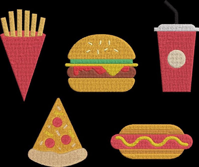 Junk Food Embroidery Design: Pizza, Burger, Drink | 6 Sizes | Digital ...