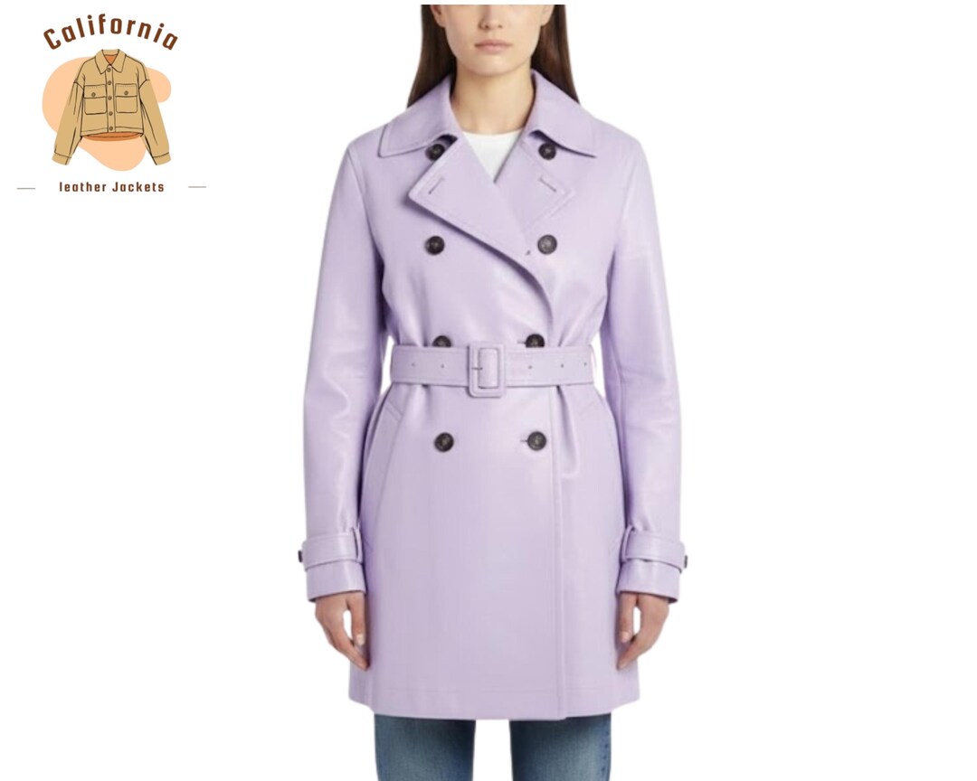 Double Breasted Purple Leather Overcoat, Premium Long Coat for Women ...