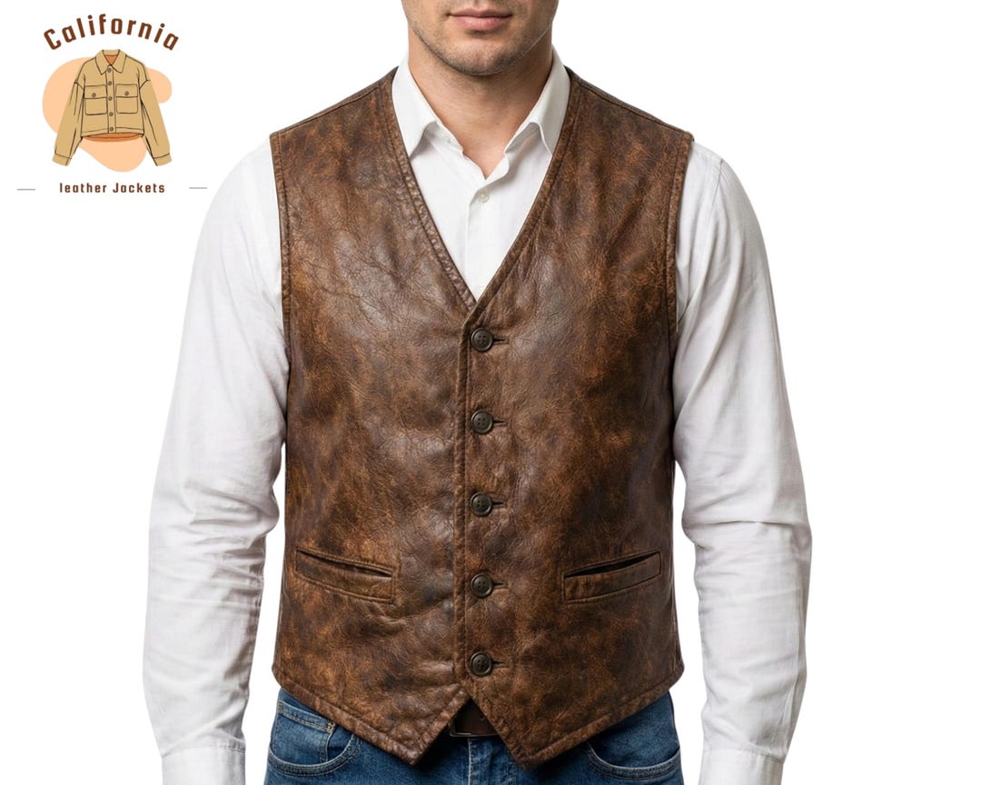 Mens Western Leather Vest Genuine Sheep Leather Cowboy Vest Vintage Old ...