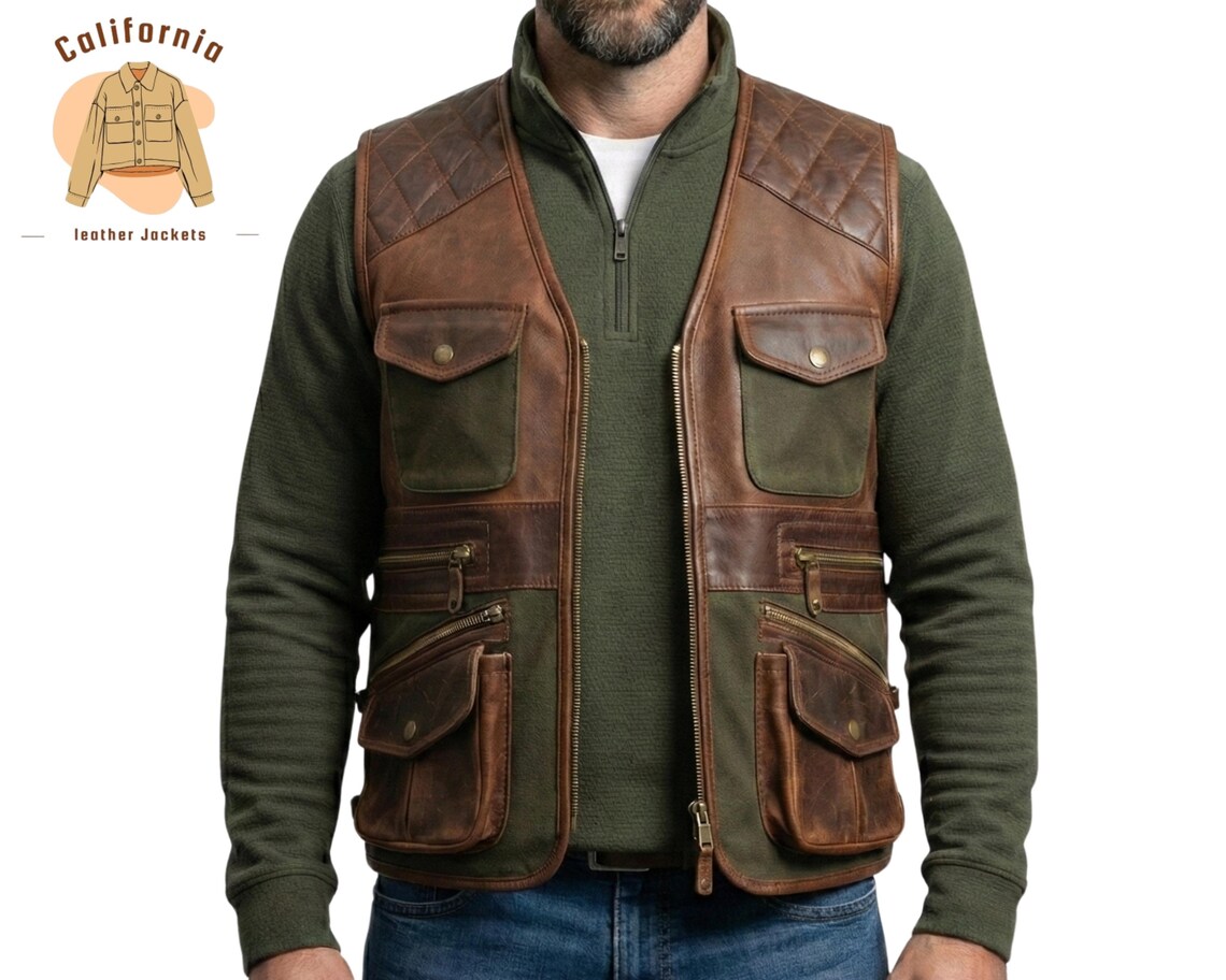 Mens Leather Hunting Vest Outdoor Utility Shooting Fishing Gear Rugged ...