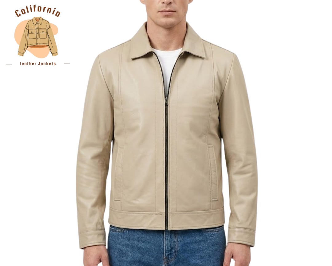 Mens Beige Harrington Leather Jacket in Premium Real Hide, Vintage ...