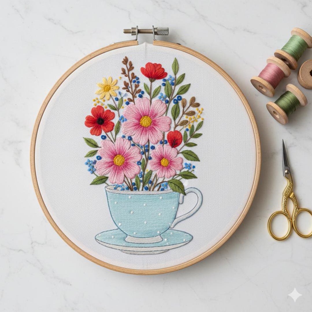 Tea Cup Flowers Hand Embroidery Pattern: Floral Ornament Pattern ...
