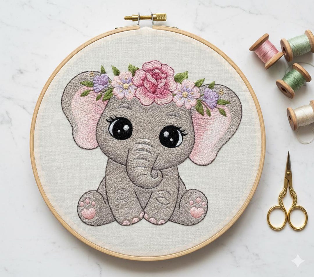Cute Baby Elephant Embroidery Pattern PDF | Floral Crown Animal Hand ...