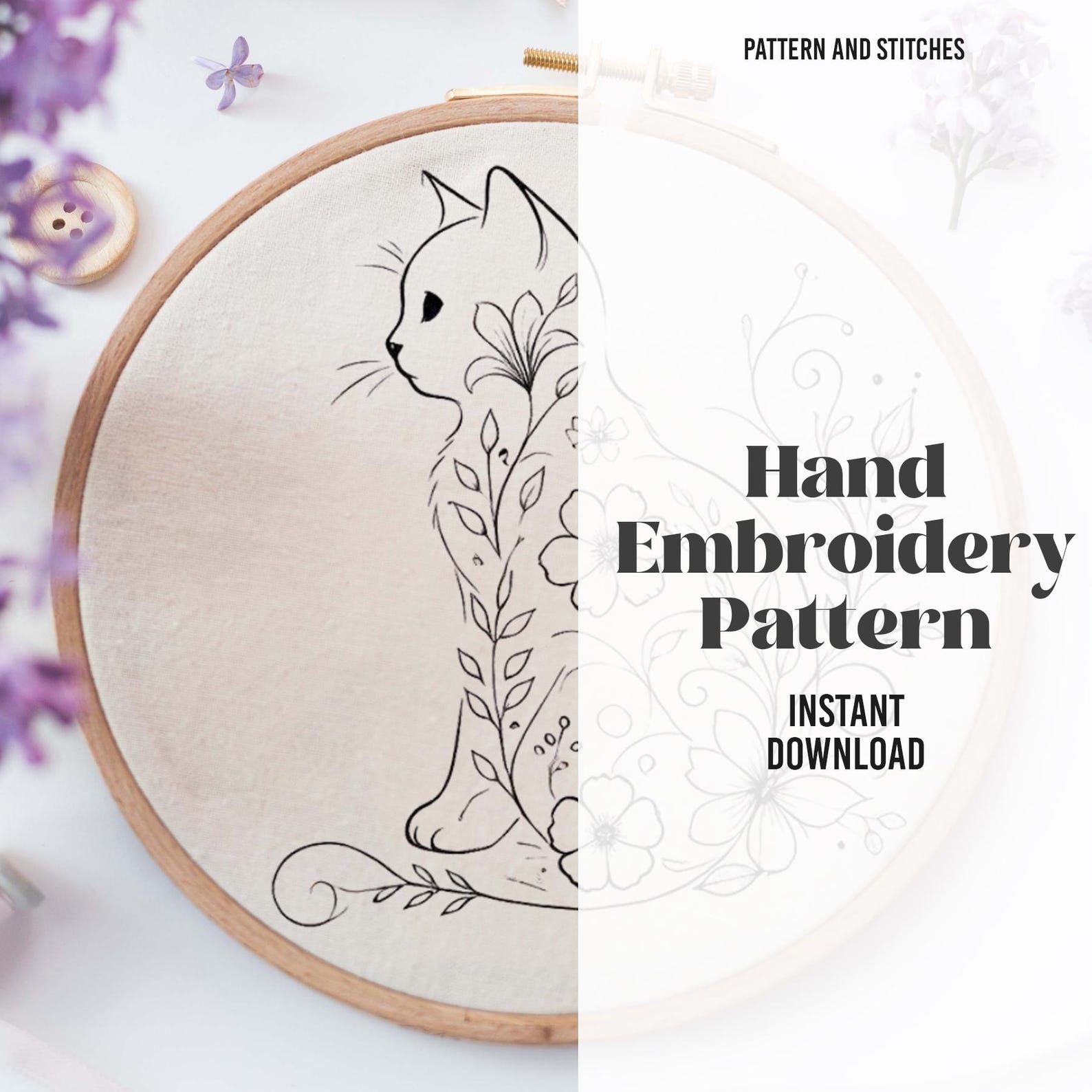 Floral Cat Embroidery Pattern PDF | Botanical Outline Hand Embroidery ...