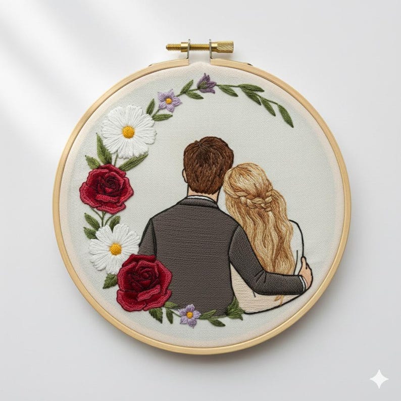 Wedding Couple Wreath Hand Embroidery, Couple Embroidery Design ...