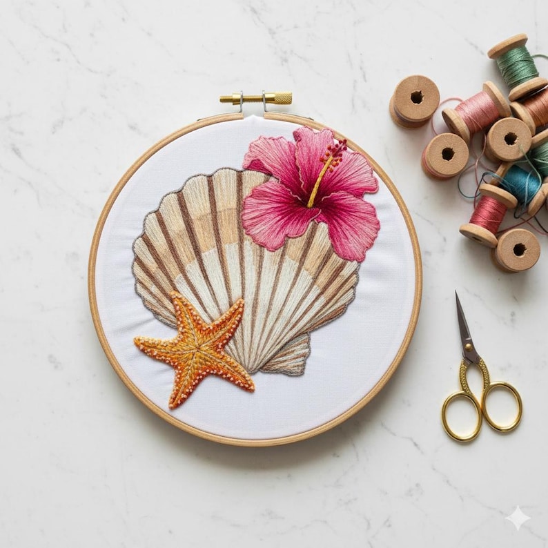 Seashell and Hibiscus Embroidery Pattern PDF | Tropical Beach Hand ...