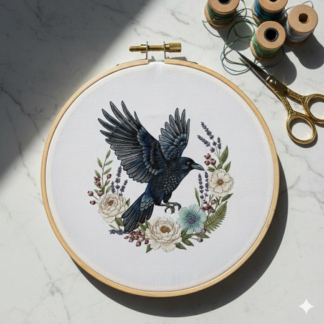 Flying Raven Hand Embroidery Pattern , Floral Hoop Embroidery Design ...