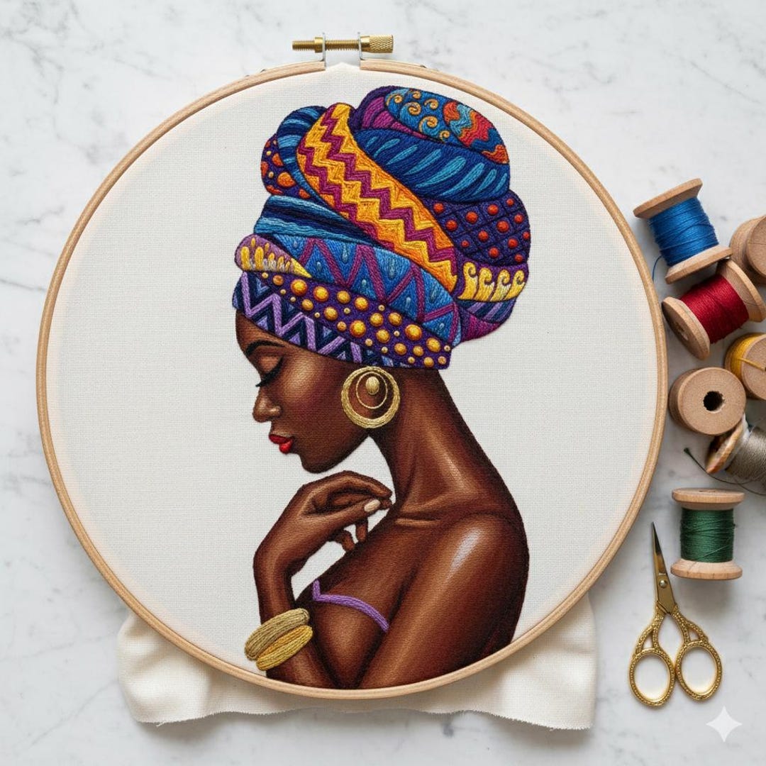 African Woman Turban Embroidery Pattern PDF | Colorful Headwrap Hand ...