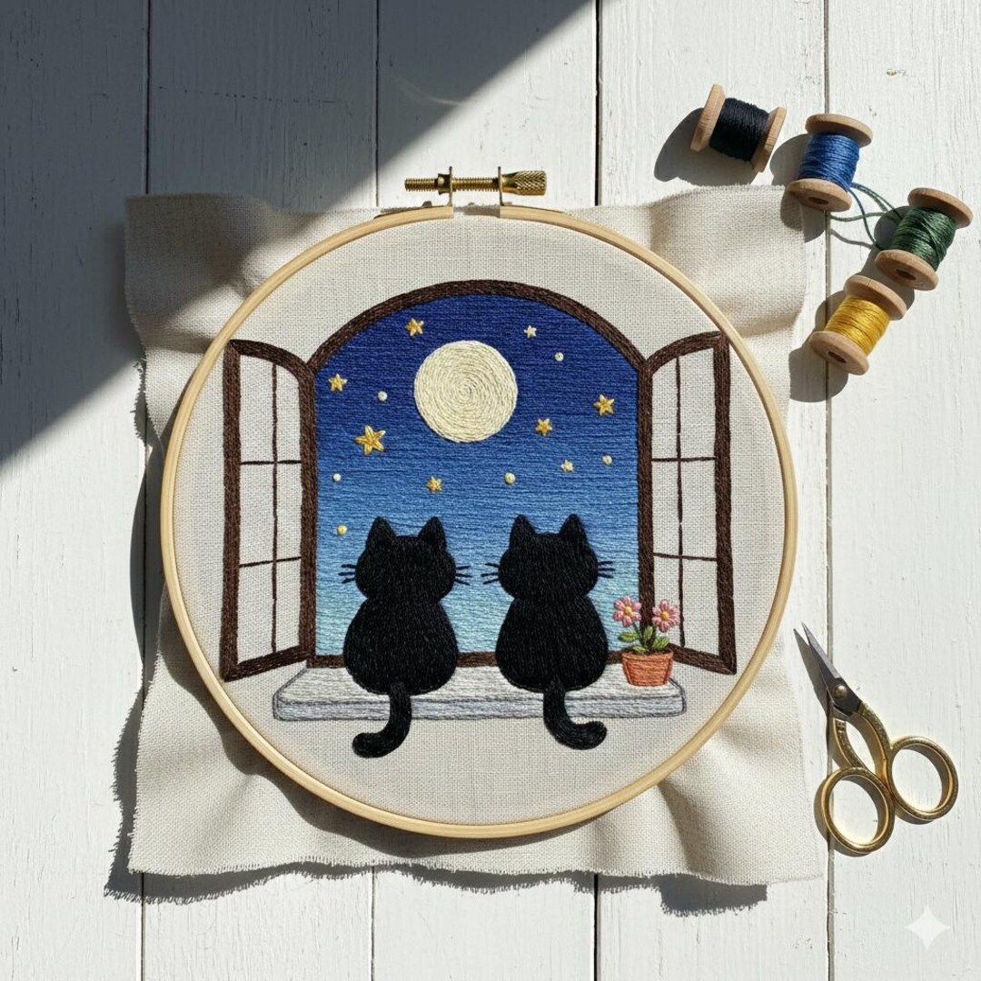 Cats With Window Hand Embroidery, Cats Embroidery Design, Instant ...