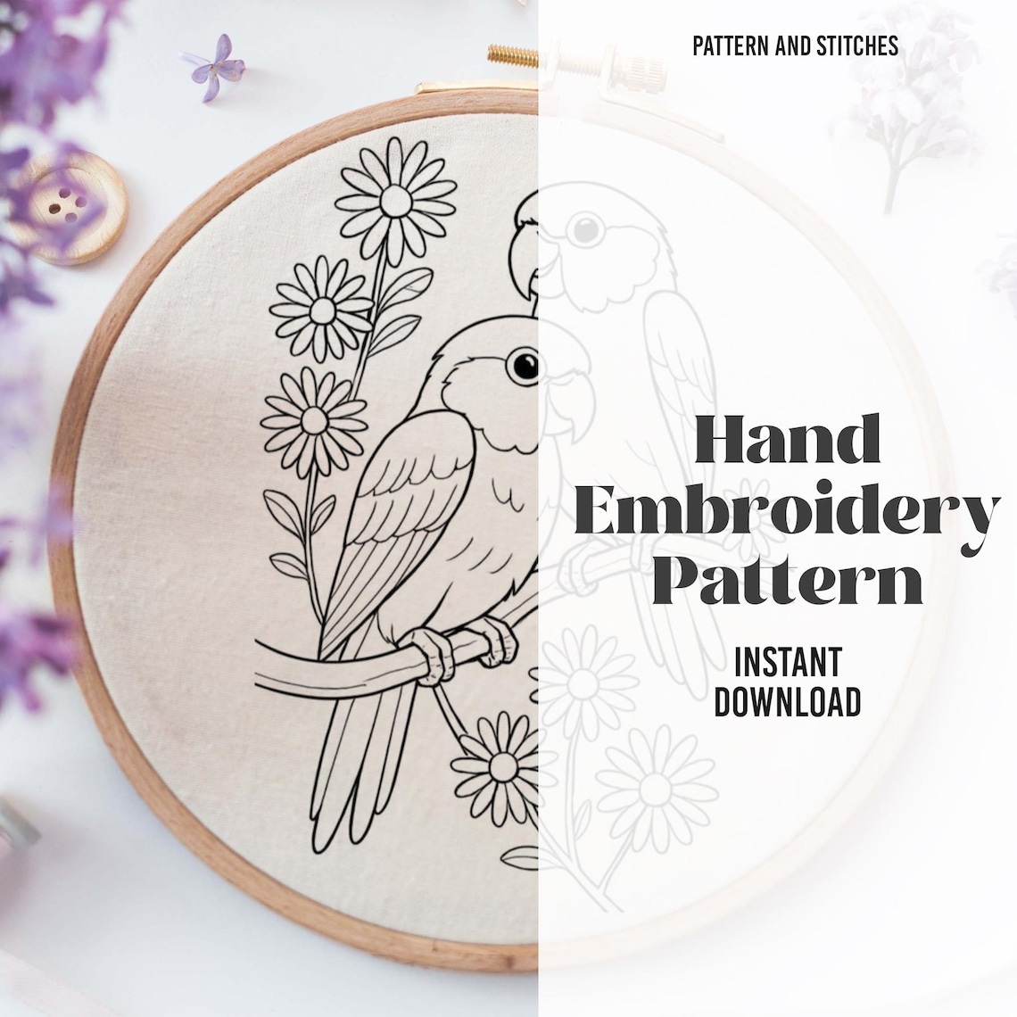Couple Parrot Hand Embroidery Pattern, Floral Embroidery Design, Parrot ...