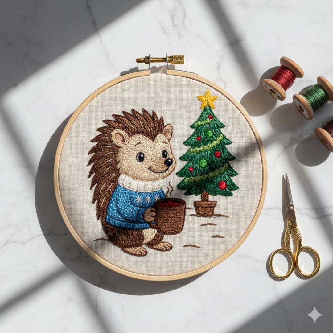 Christmas Hedgehog Hand Embroidery Pattern: Floral Ornament Pattern ...