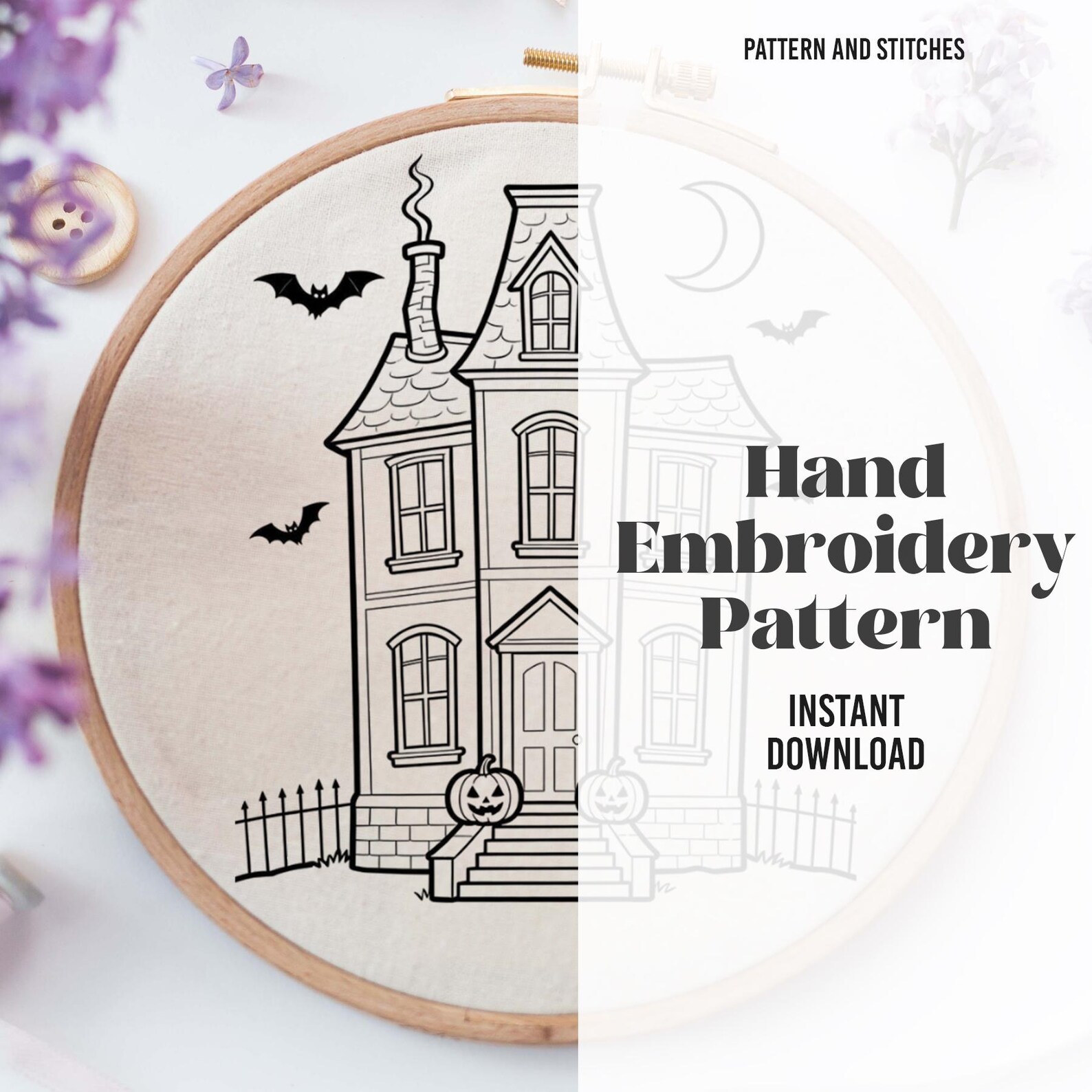 Haunted House Embroidery Pattern PDF | Spooky Mansion With Pumpkins ...