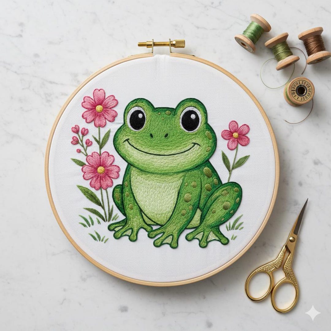 Happy Frog Embroidery Pattern PDF | Cute Toad Hand Embroidery Design ...
