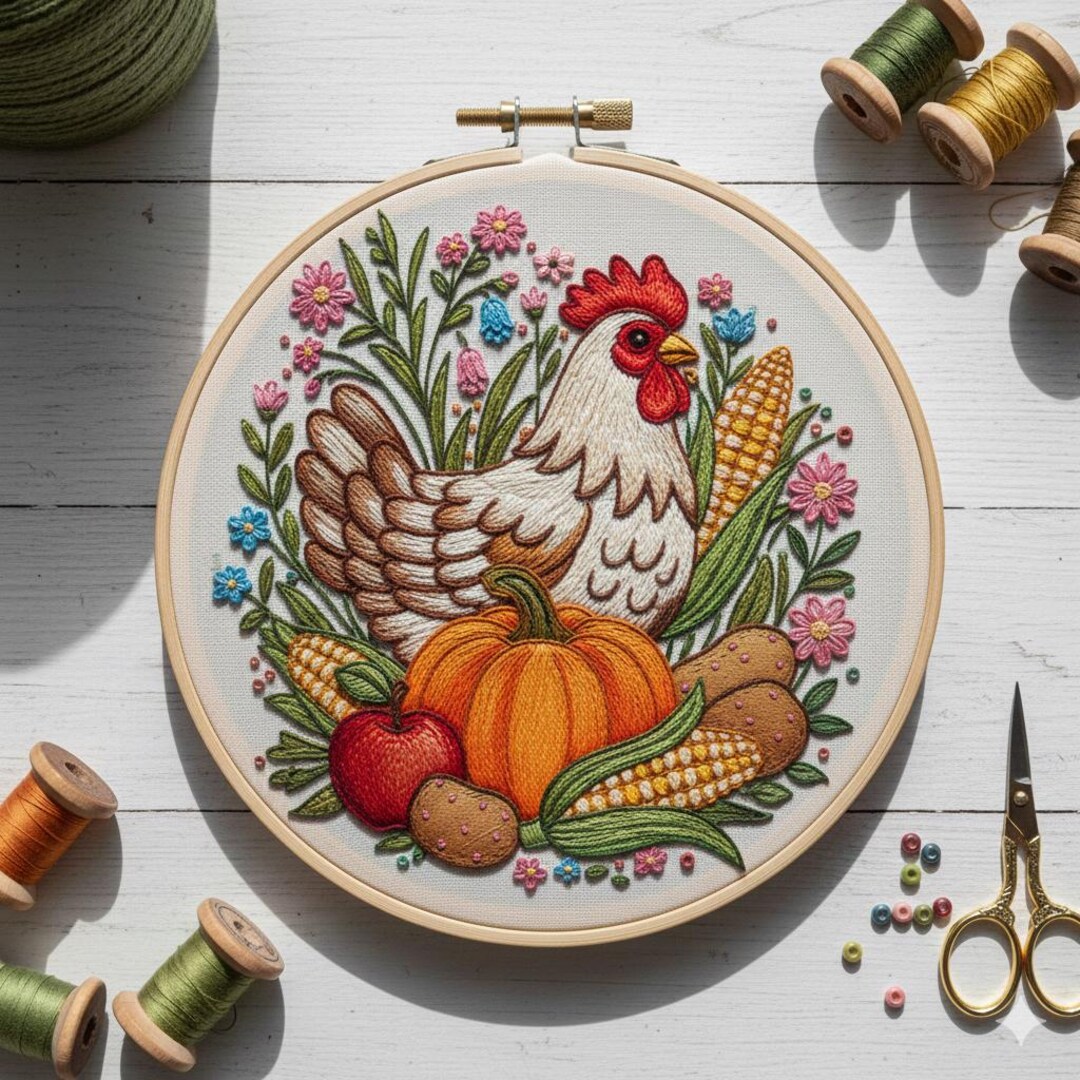 Autumn Harvest Hen Embroidery Design, Hen Bird Embroidery Template PDF ...