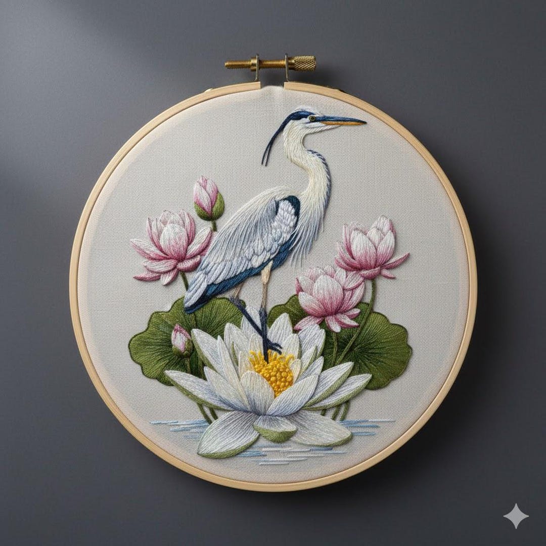 Heron on Flowers Embroidery Design, Heron Embroidery Template PDF File ...