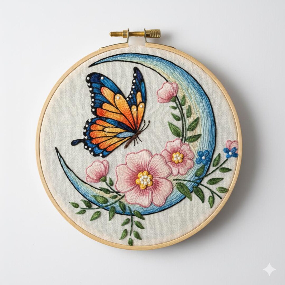 Floral Moon and Butterfly Hand Embroidery, Butterfly Embroidery Design ...
