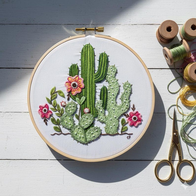 Cactus Garden Hand Embroidery, Cactus Plant Embroidery Design, Instant ...
