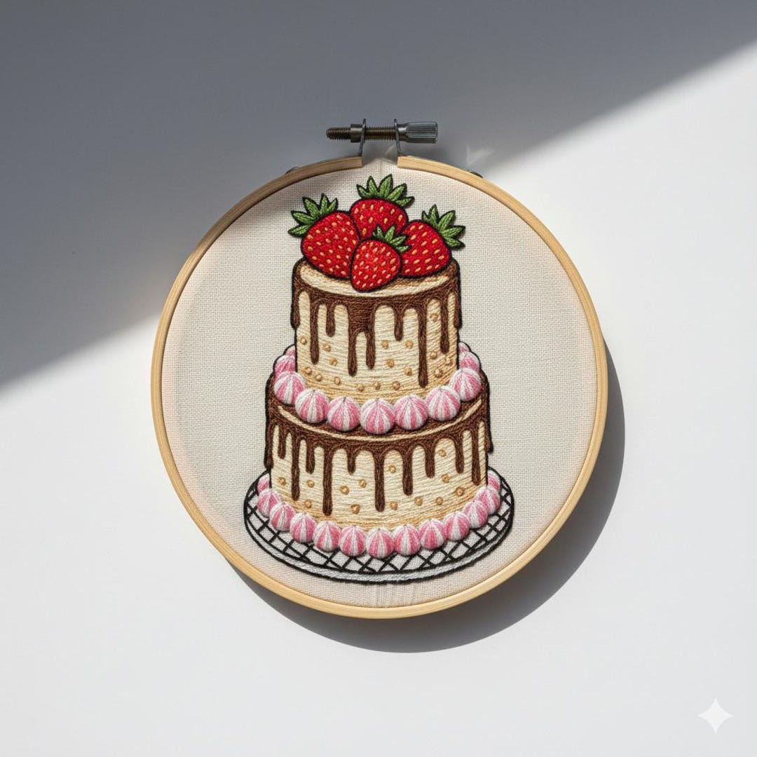 Strawberry Cake Hand Embroidery, Floral Cake Wreath Embroidery Design ...