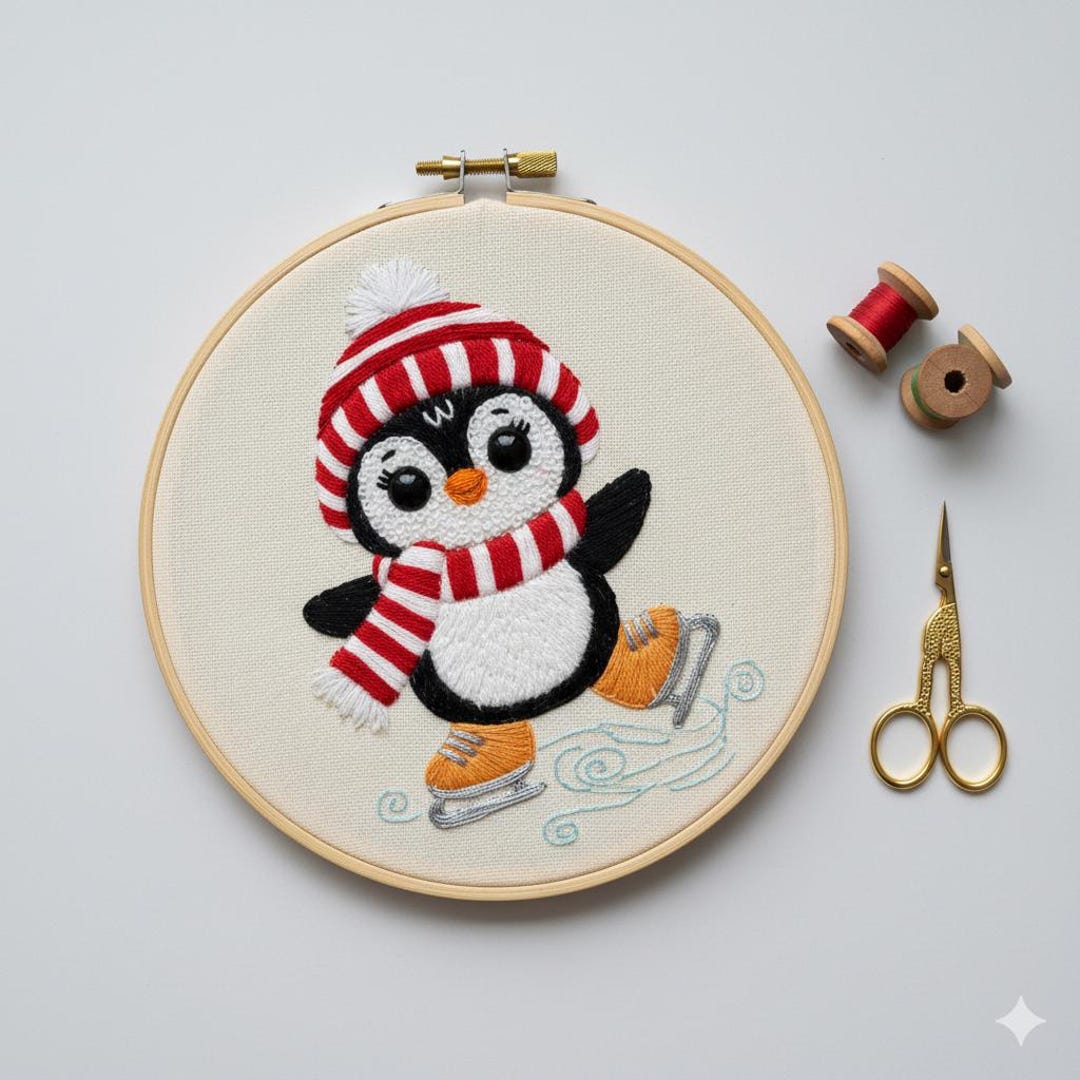 Christmas Cartoon Penguin Hand Embroidery Pattern: Floral Ornament ...