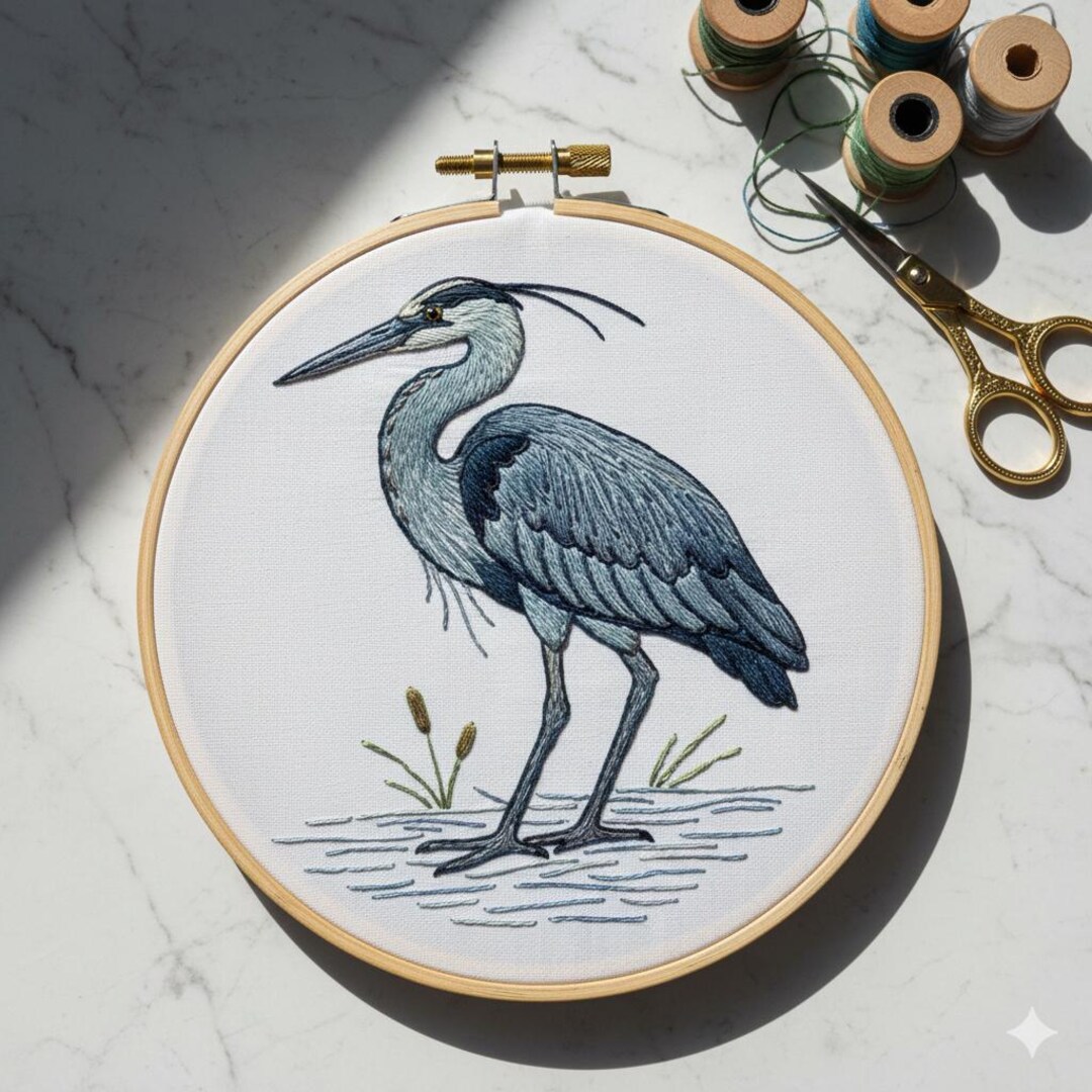 Blue Heron Hand Embroidery Pattern , Floral Hoop Embroidery Design ...