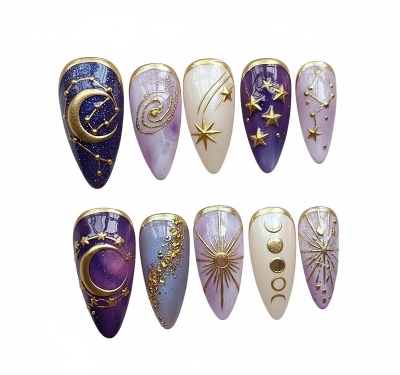 Celestial Moon and Star Press on Nails, Gold Star, Purple Galaxy Nails ...