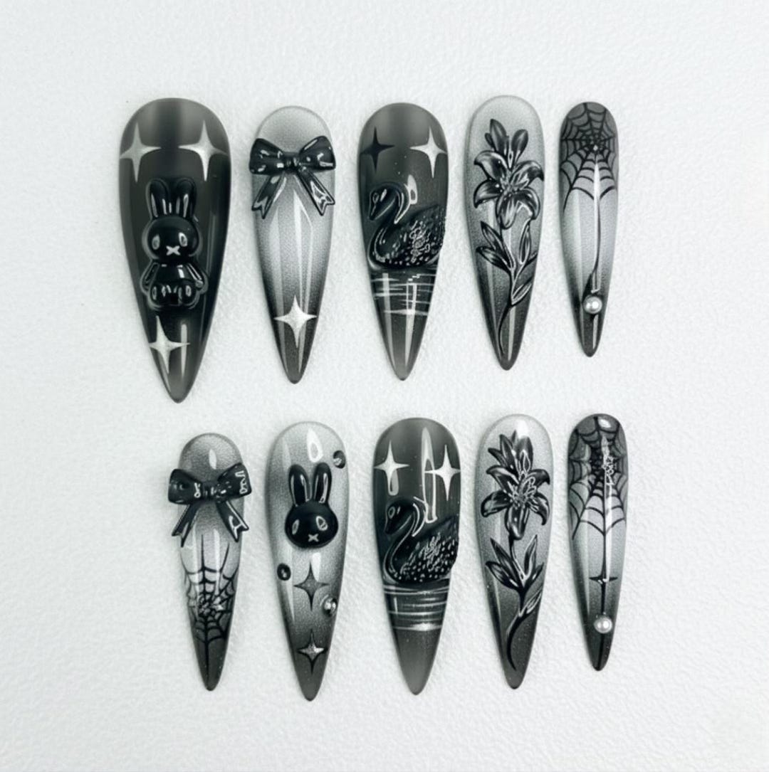 Gothic Kawaii Press on Nails, Black Stiletto Bunny Bow Tie Fake Nails ...