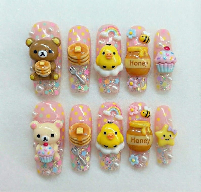 Kawaii Rilakkuma Press on Nails | 3D Sweet Pancake and Honey Nail Art ...