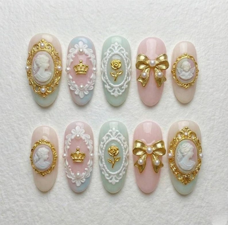 Rococo Cameo Press on Nails | Vintage Victorian Lady Aesthetic | 3D ...