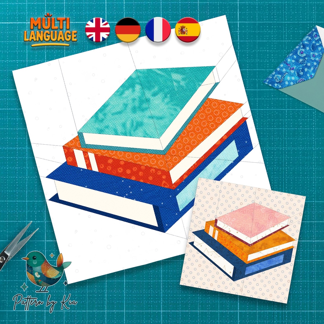 Stack of Book Quilt Block, Book Lovers, 5 Sizes, Foundation Paper ...
