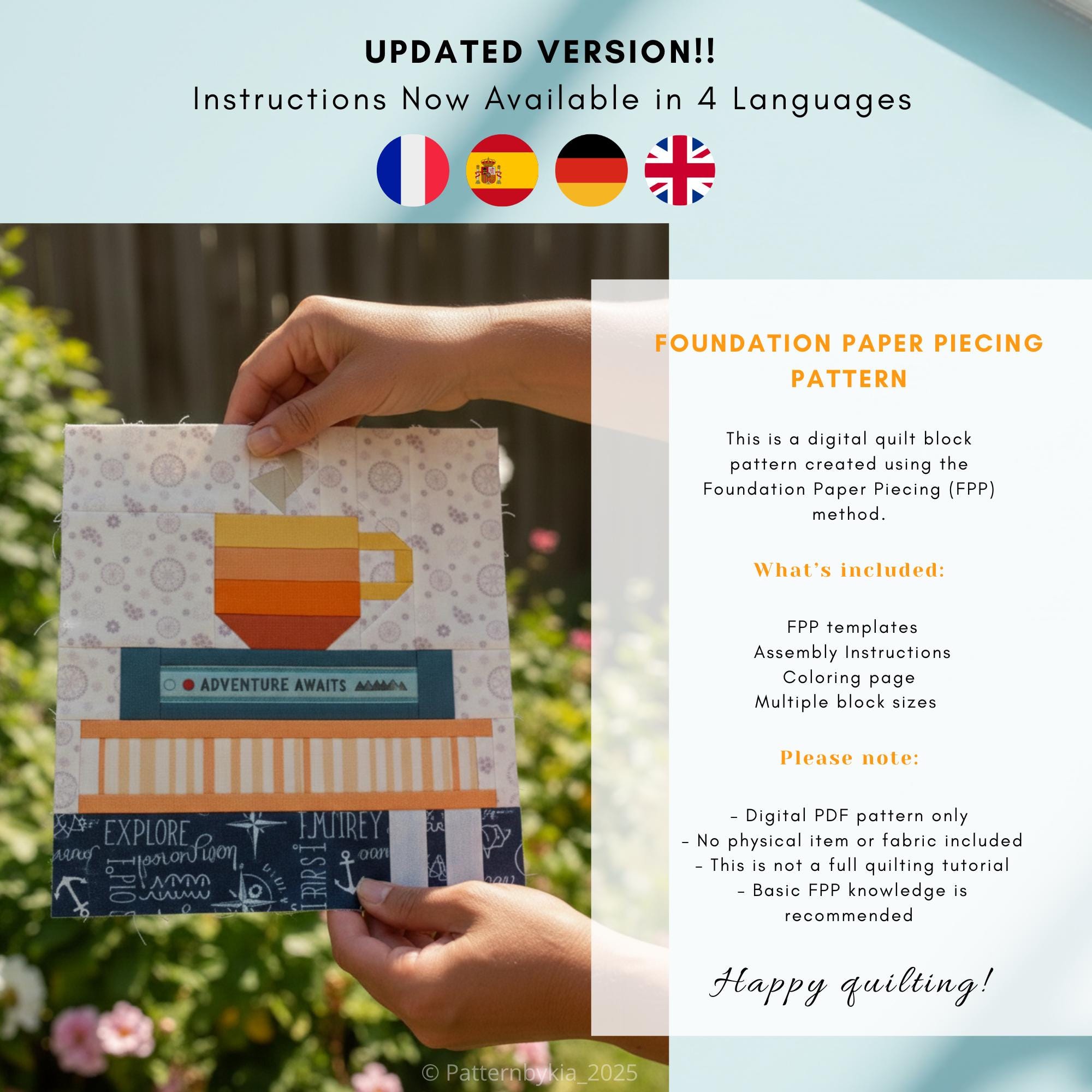 Book and Coffee Quilt Block, 4 Languages, Stack of Books Foundation ...