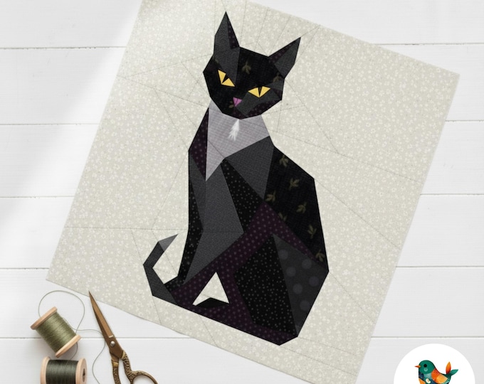 Cat FPP Quilt Pattern: Modern FPP • Animal Patchwork Quilt Block • FPP ...