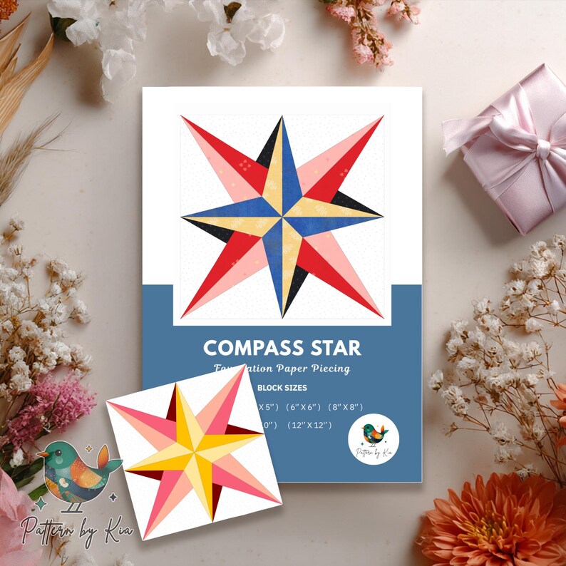Compass Star Quilt Block Pattern, Scrappy FPP (PDF Instant Download ...