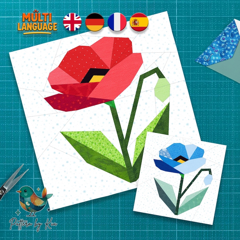 Poppy Flower Quilt Block Pattern, FPP 4 Sizes (PDF Download) - Etsy