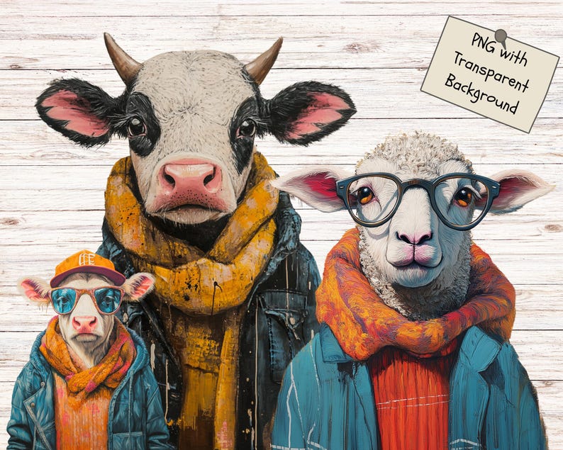 Funky Animals Clipart - Farm Animal Pngs for Junk Journals (instant ...