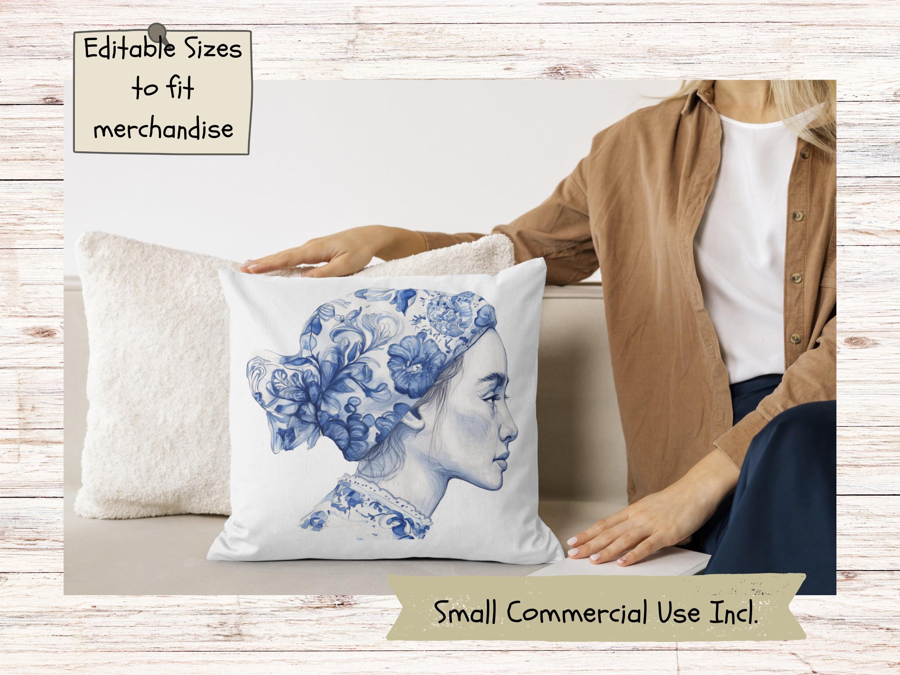Watercolor Delft Blue Floral Lady Portraits Printable Art - Digital PNG ...