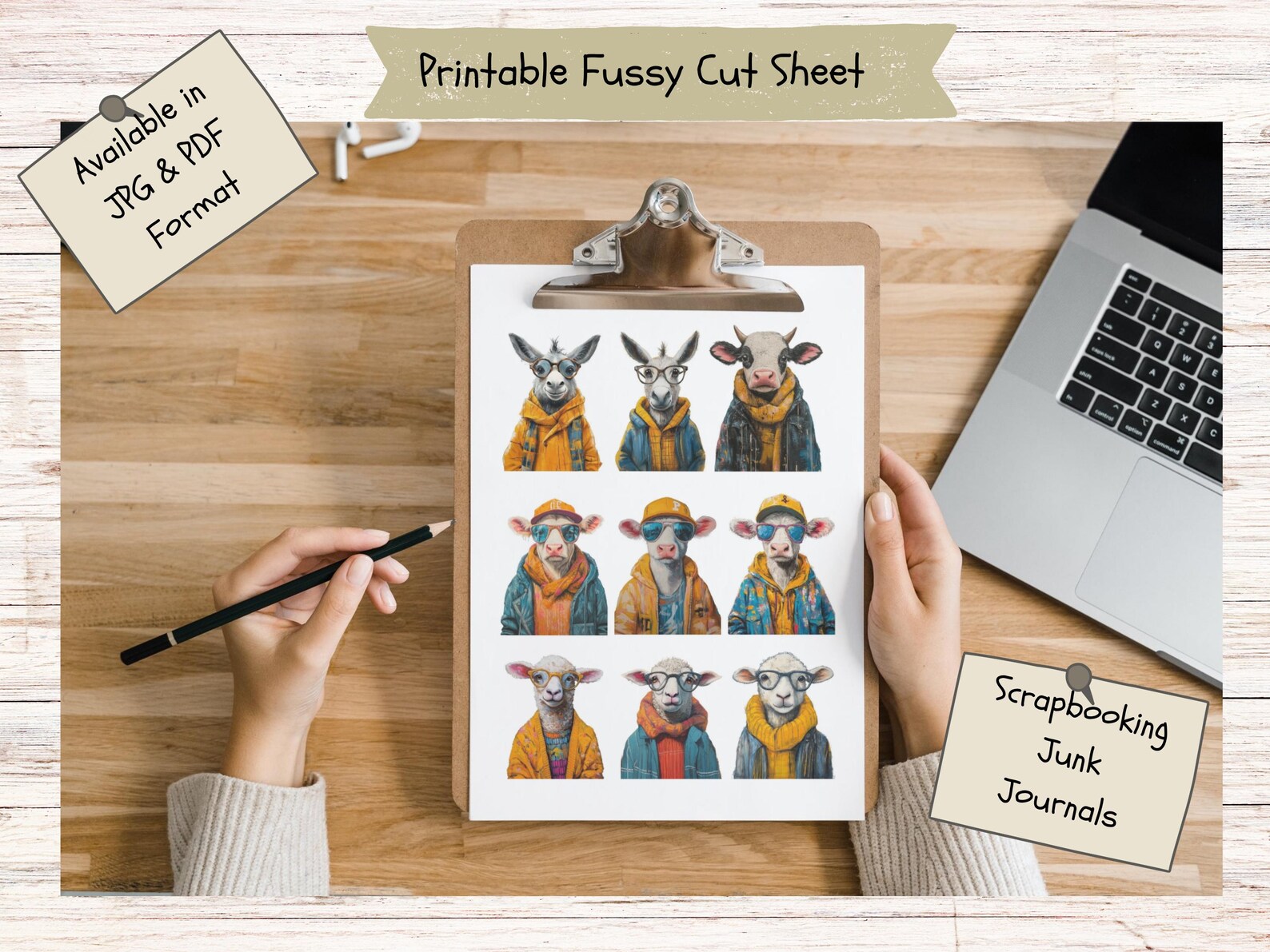 Funky Animals Clipart - Farm Animal Pngs for Junk Journals (instant ...