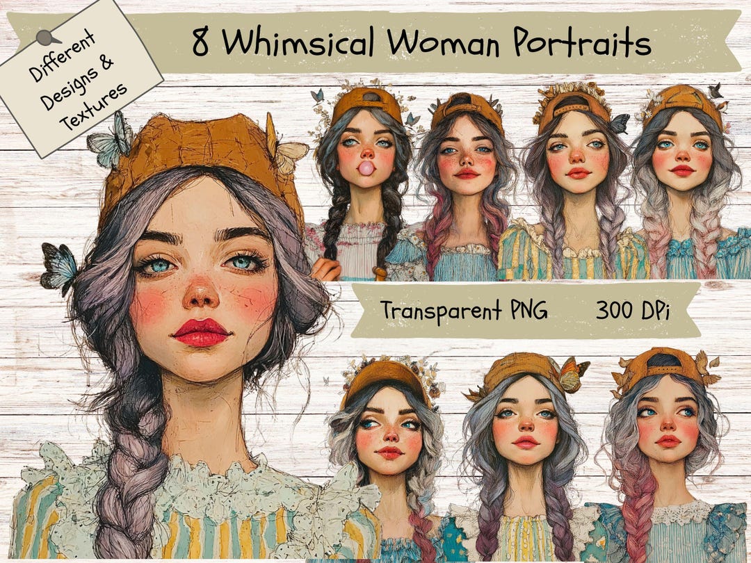 Whimsical Woman Portraits Clipart – Fantasy Collage PNG Graphics ...