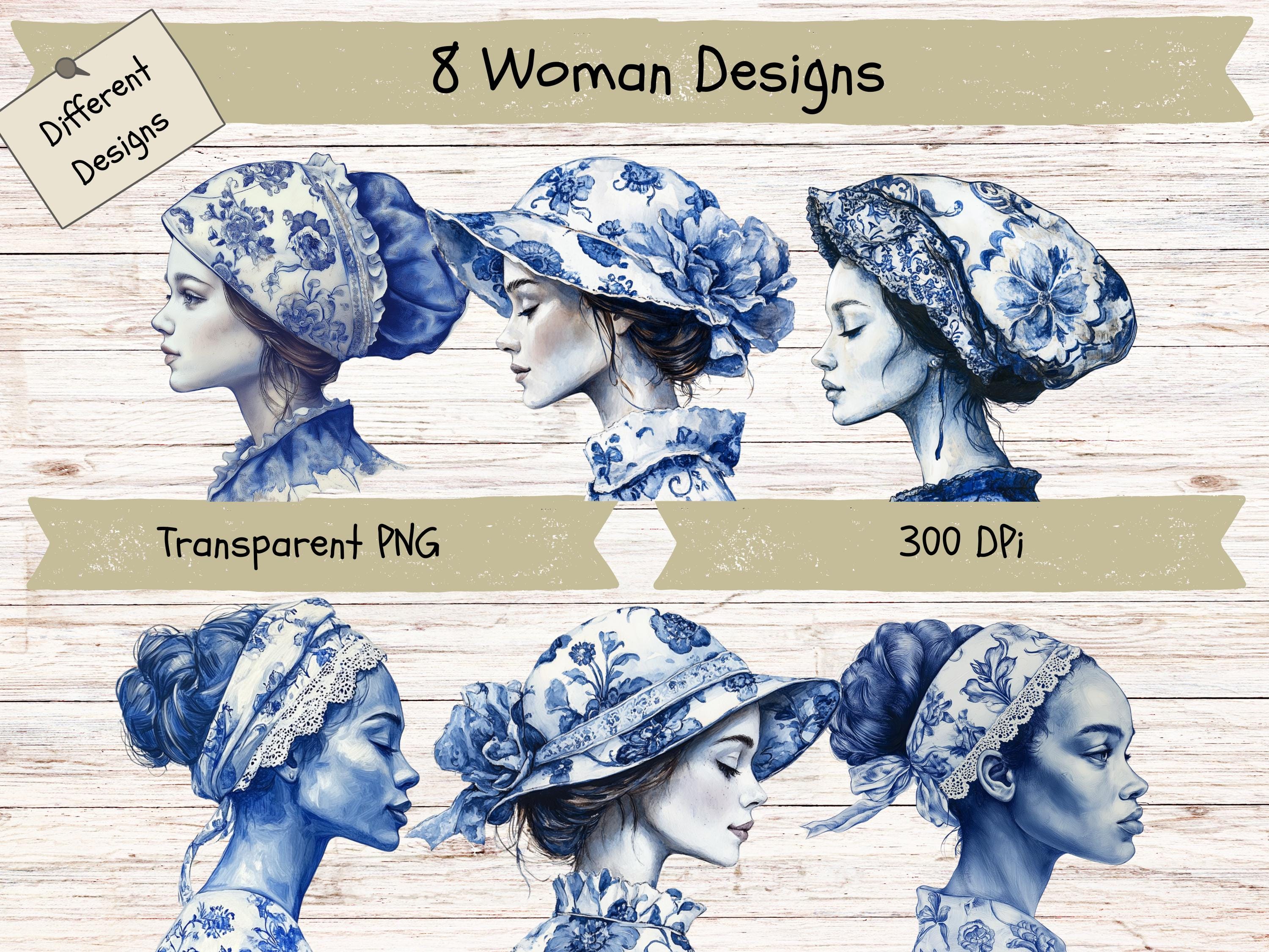 Watercolor Delft Blue Floral Lady Portraits Printable Art - Digital PNG ...
