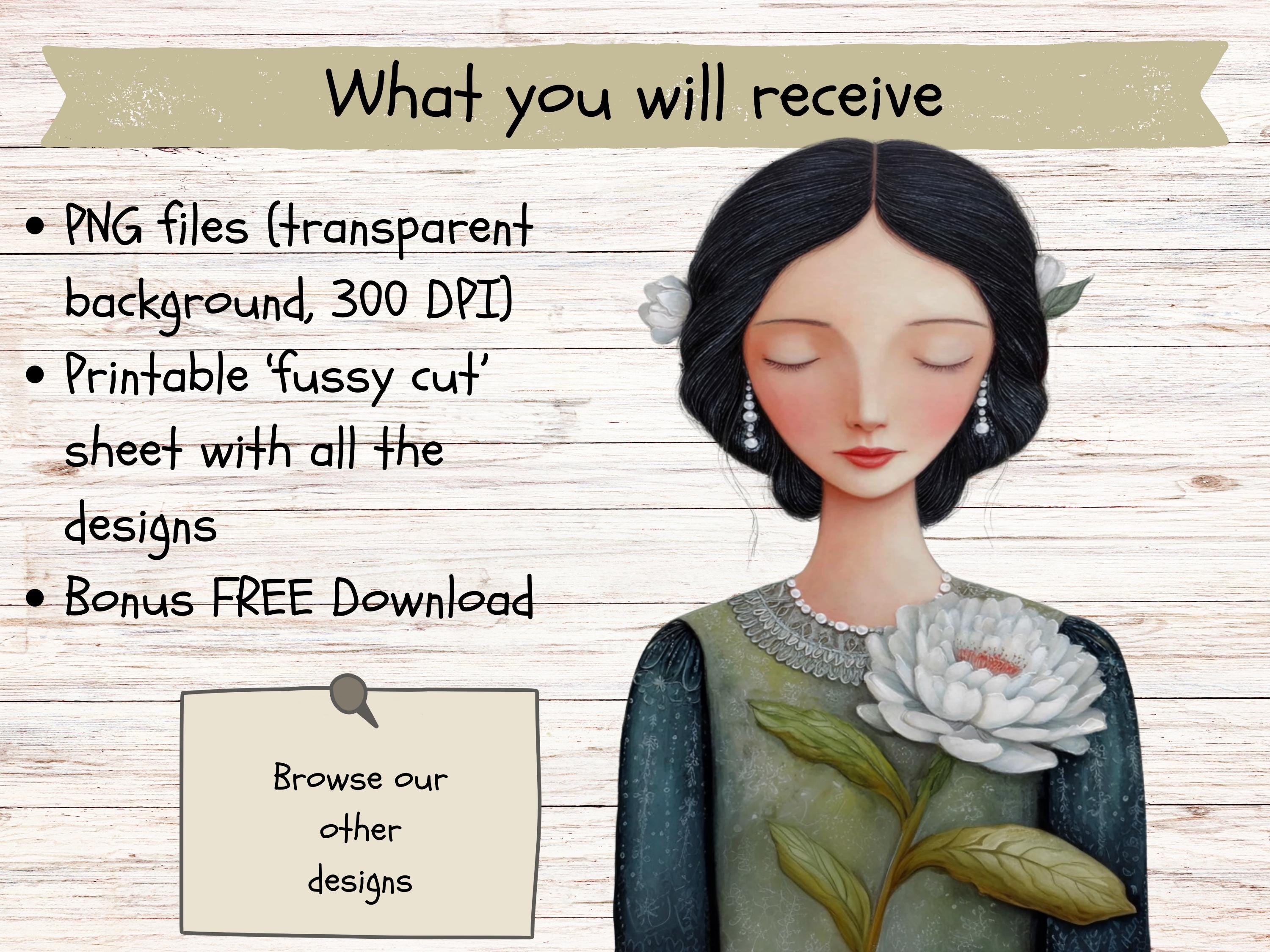 Flower Maiden Clipart Set – 9 PNG Whimsical Portraits – Feminine ...