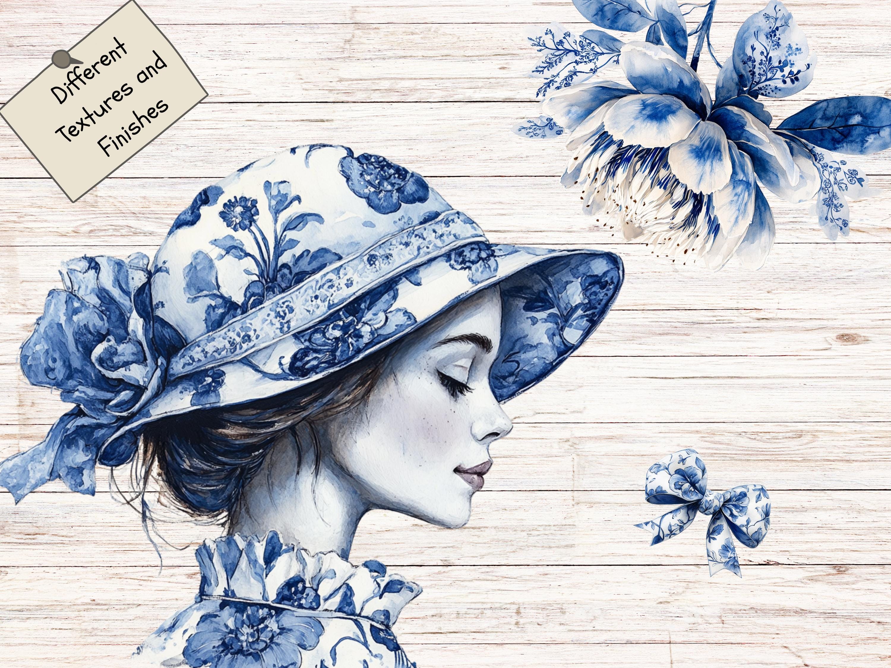 Watercolor Delft Blue Floral Lady Portraits Printable Art - Digital PNG ...