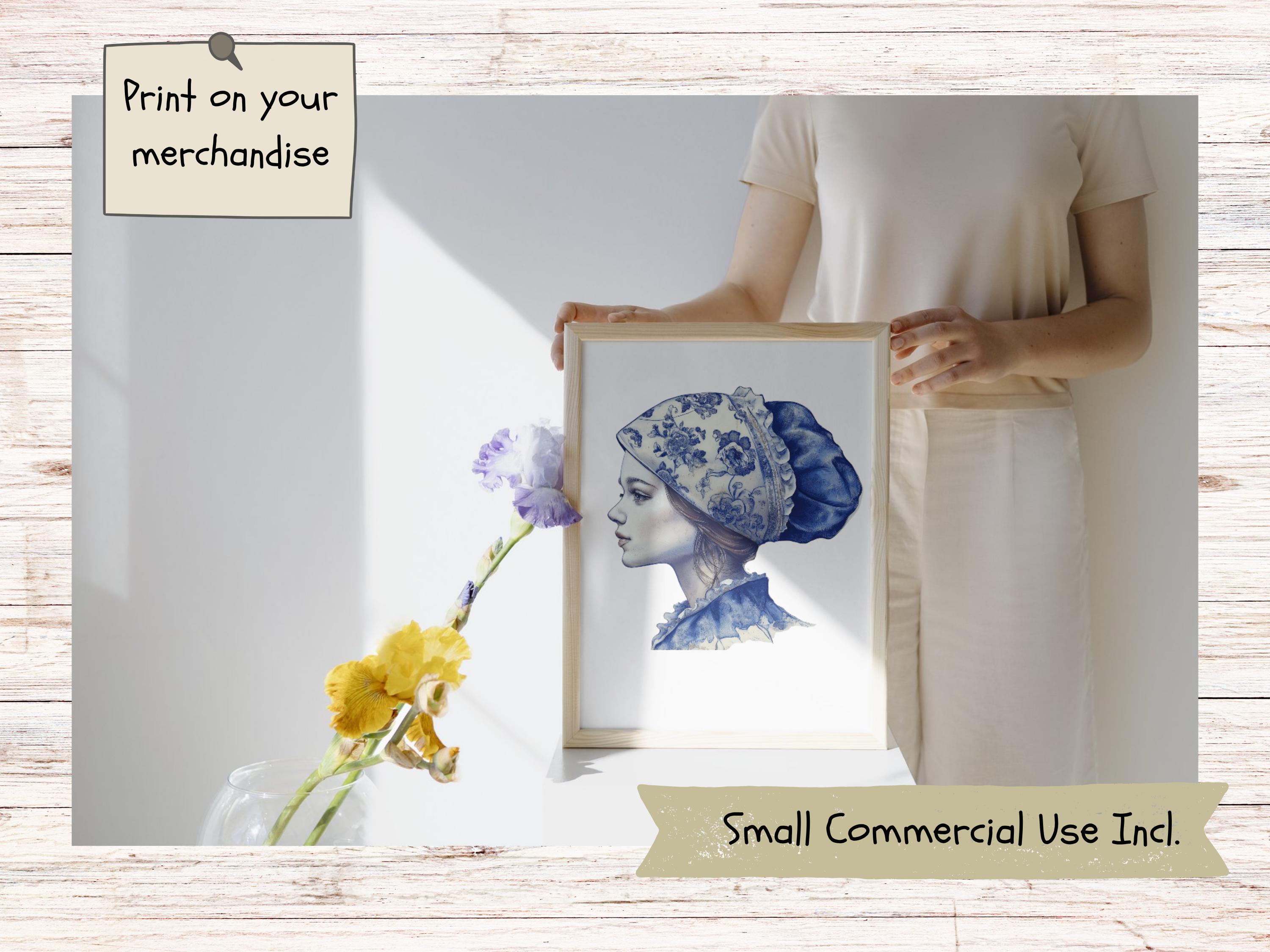 Watercolor Delft Blue Floral Lady Portraits Printable Art - Digital PNG ...