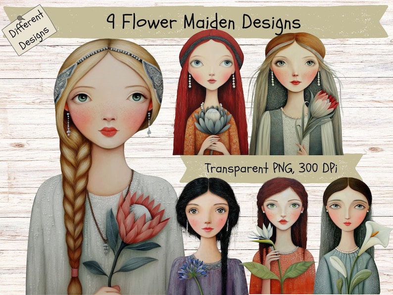 Flower Maiden Clipart Set – 9 PNG Whimsical Portraits – Feminine ...