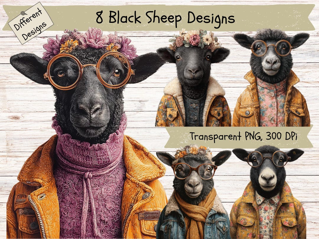 Black Sheep PNG Bundle – Funky Farm Animal Family With Glasses ...