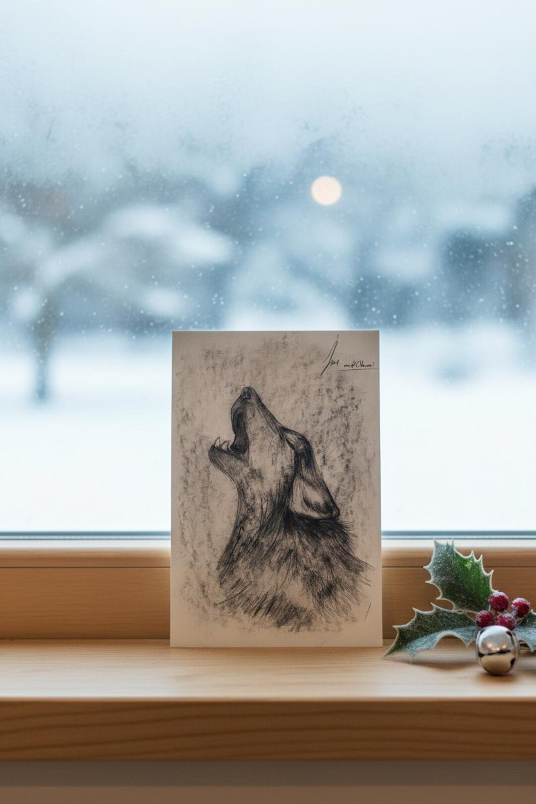 Digital Minimalistic Wolf Christmas Card, Holiday Greeting, Handmade ...