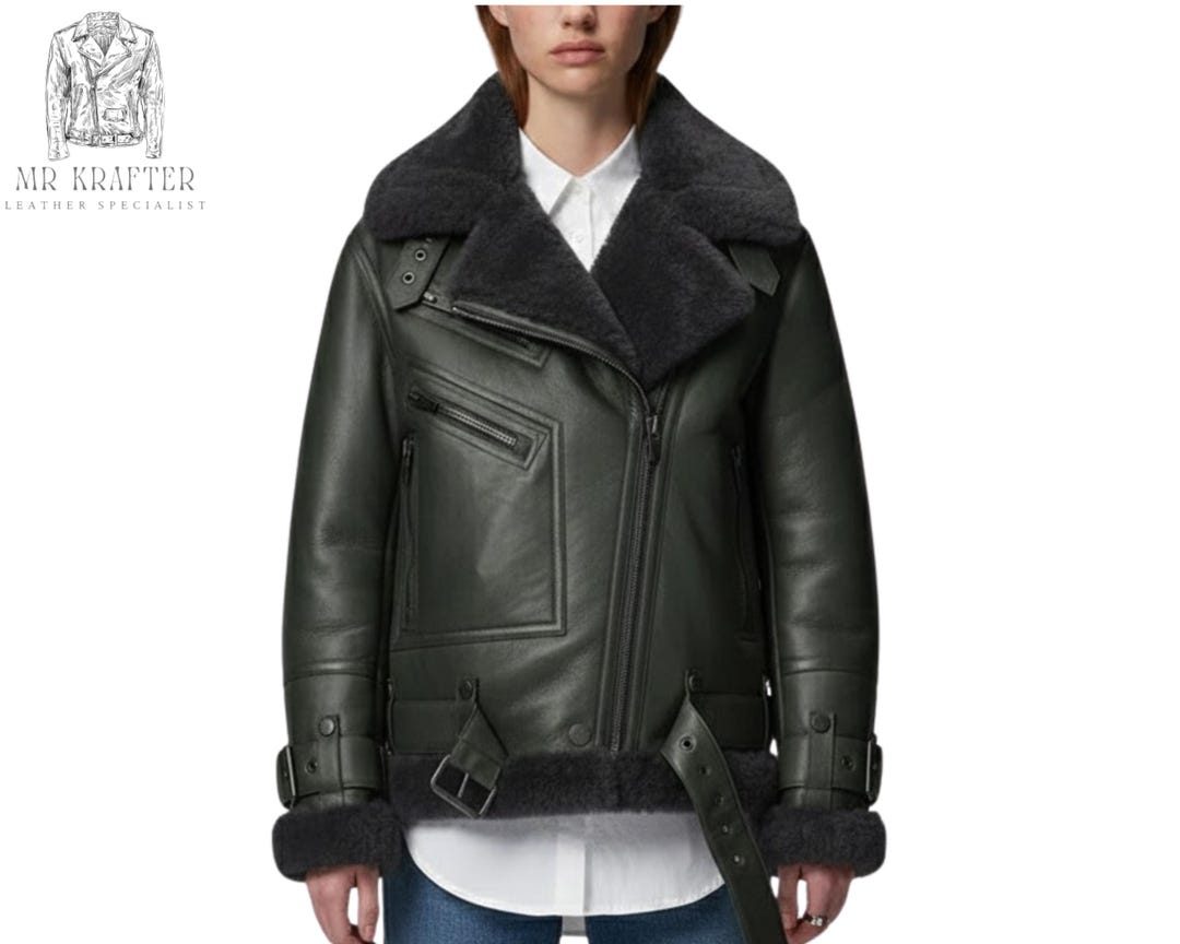 Women's Green RAF Aviator Shearling Jacket in Lambskin Leather With ...