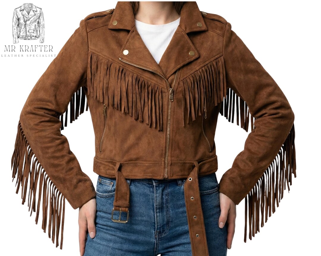 Women’s Brown Suede Fringe Moto Jacket With Western Bohemian Styling ...
