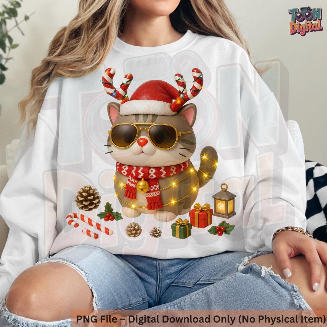 Cool Christmas Cat Printable | Kawaii Santa Cat With Antlers & Lights ...