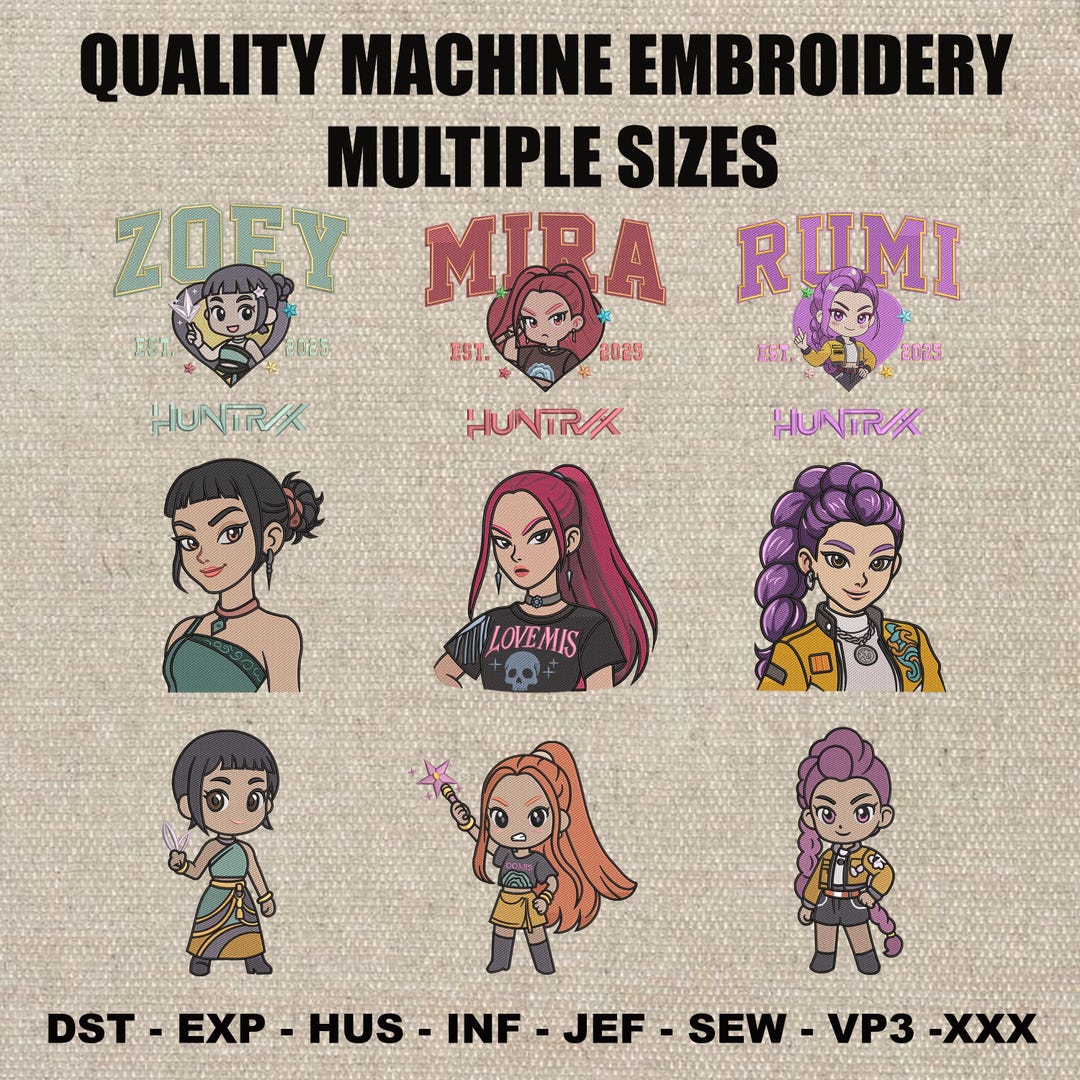 Kpop Huntrix Bundle Embroidery Design, Zoey Mira Rumi Machine ...